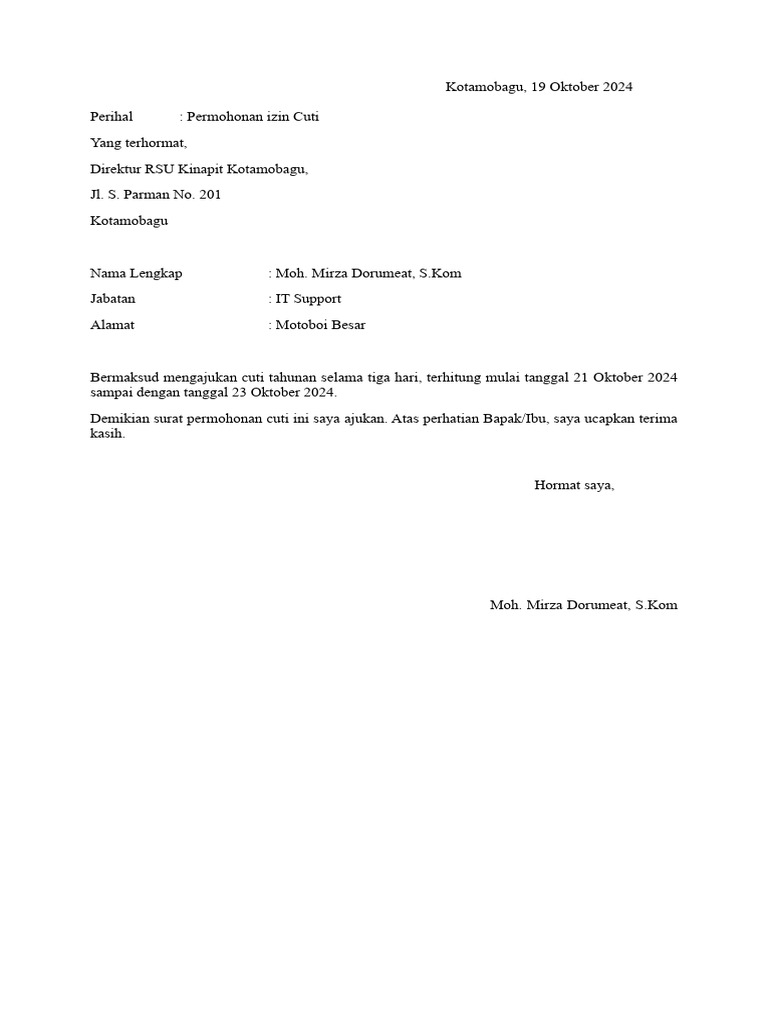 Surat Izin Atau Cuti Tidak Masuk Kerja | PDF | Hukum