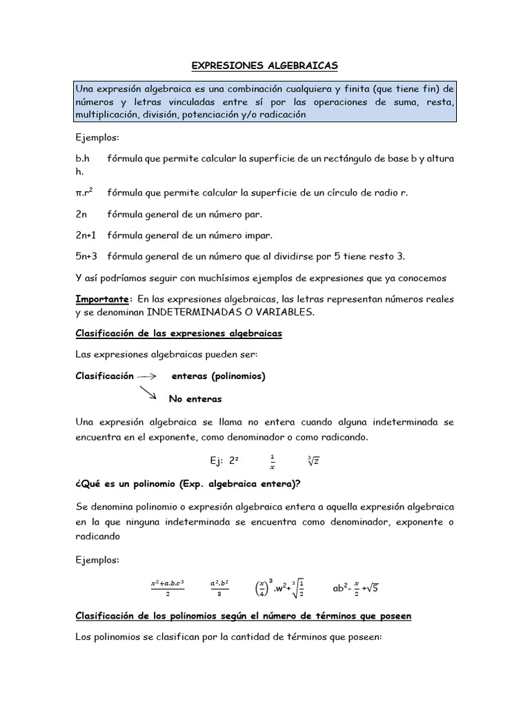 Introducción a las Expresiones Algebraicas | PDF | Matemática Elemental ...