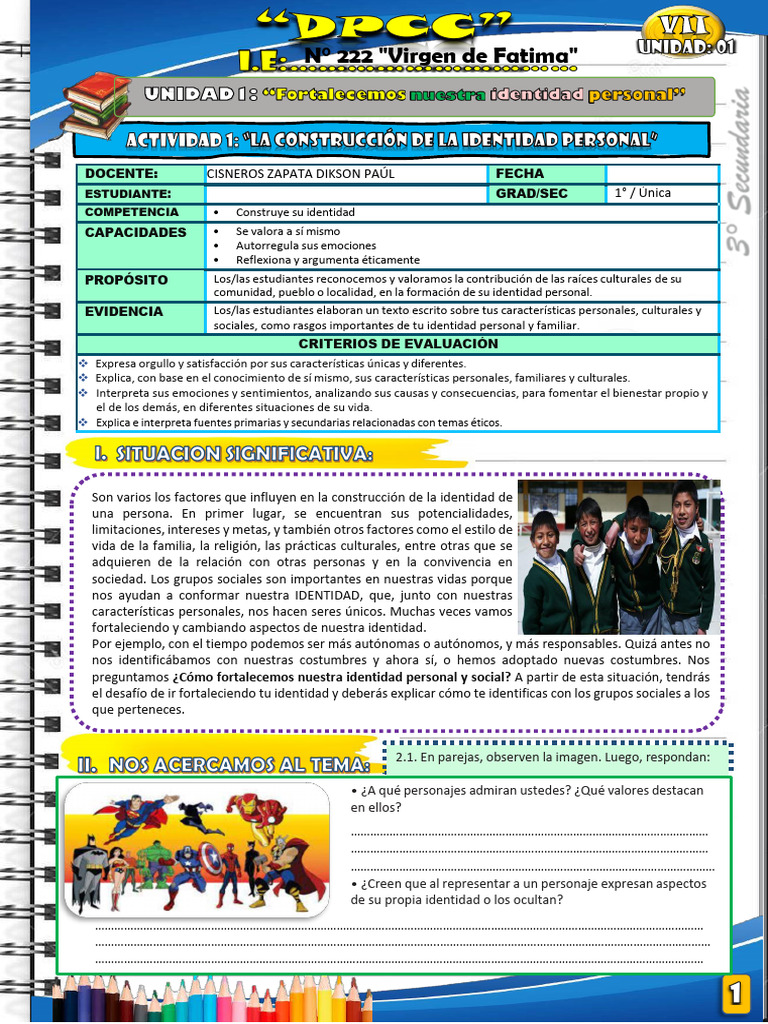 3° DPCC - Actv.01-Unid.1 2023 | PDF | Adultos | Autoconcepto