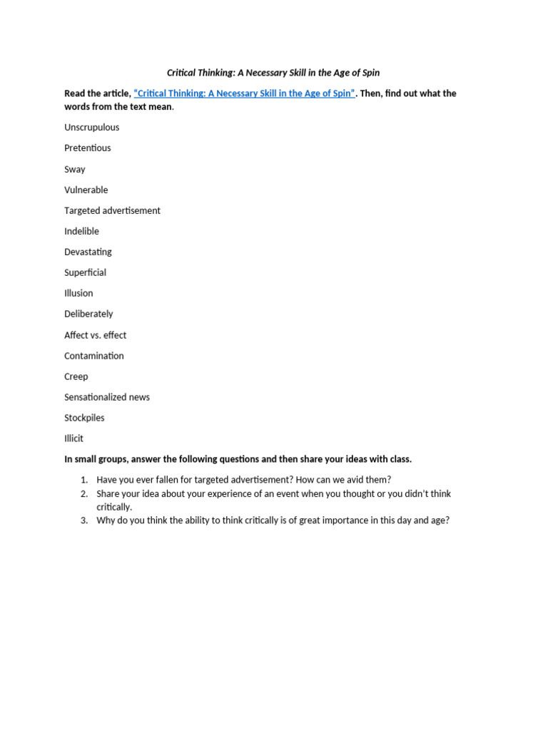 Critical Thinking Handout For Article | PDF | Self-Improvement