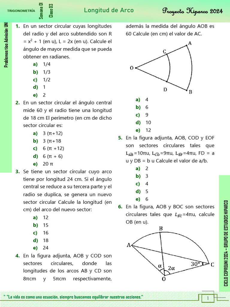 Ficha Semana 01 - Clase 03 - Tema 03 Longitud de Arco 11102024 | PDF | Triángulo | Curva