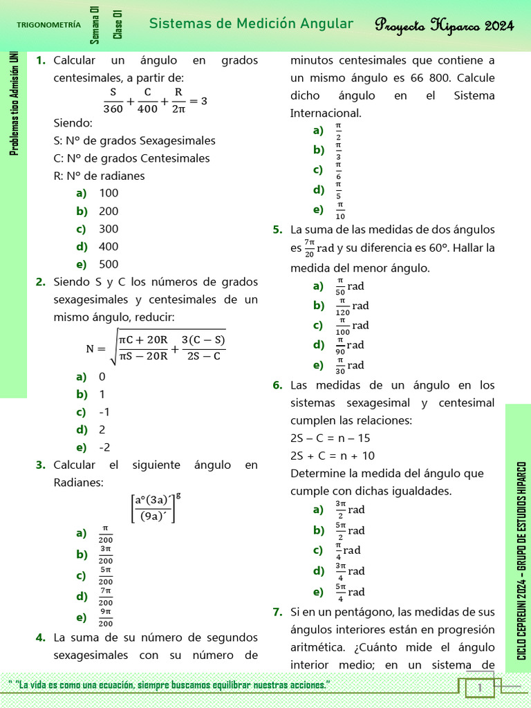 Ficha Semana 01 - Clase 01 - Tema 01 Sistemas de Medición Angular 07102024 | PDF | Ángulo | Pi