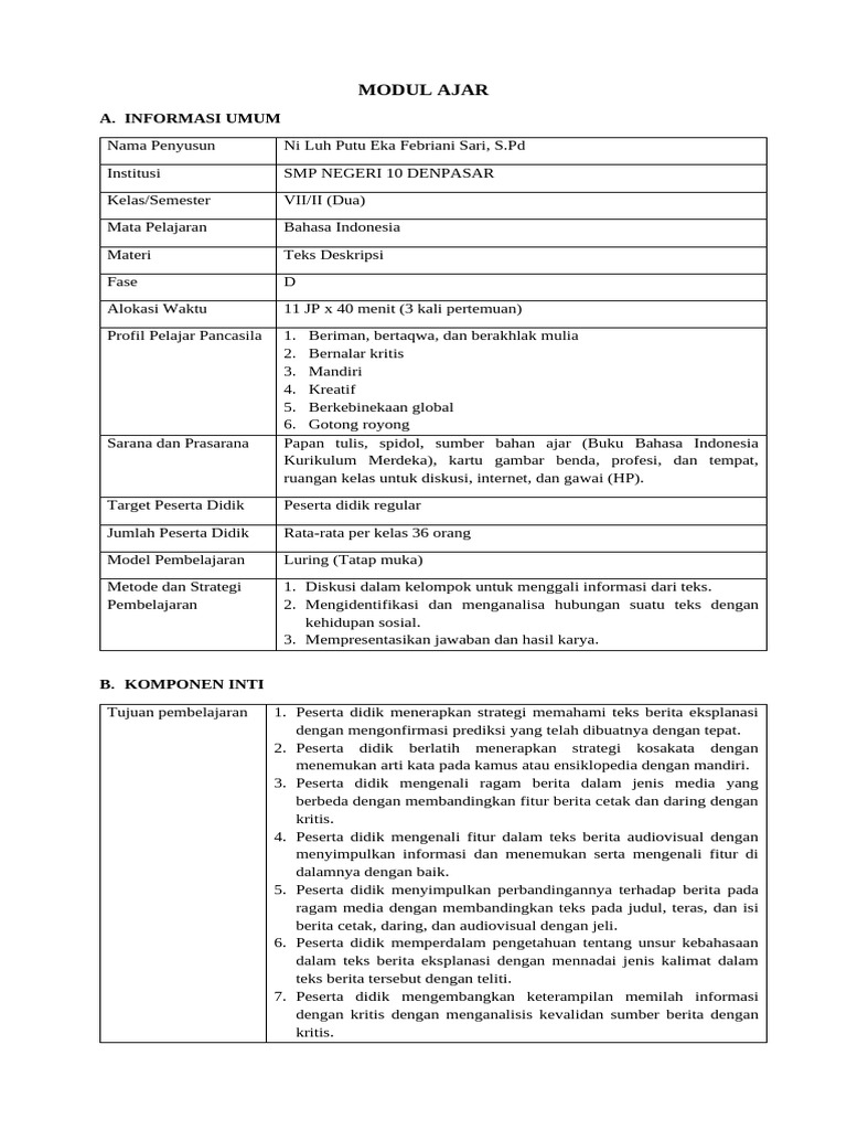 Modul Ajar Mapel Bahasa Indonesia | PDF
