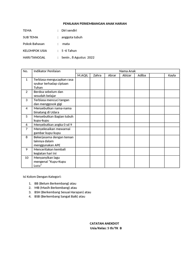 Format Penilaian Perkembangan Anak Harian | PDF