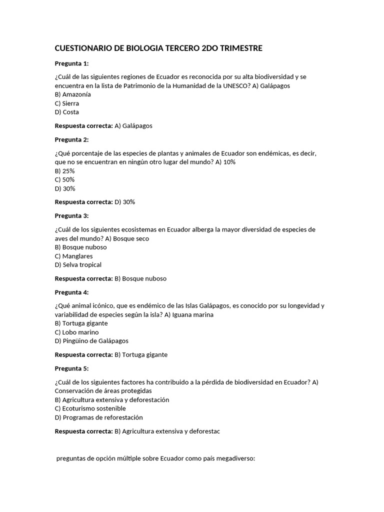 Cuestionario de Biologia Tercero 2do Trimestre | PDF | Biodiversidad | Destrucción del habitát