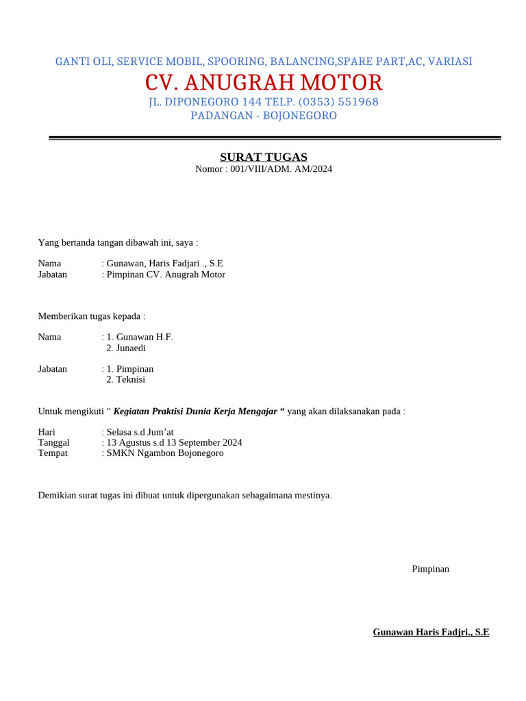Surat Tugas Anugrah Motor | PDF