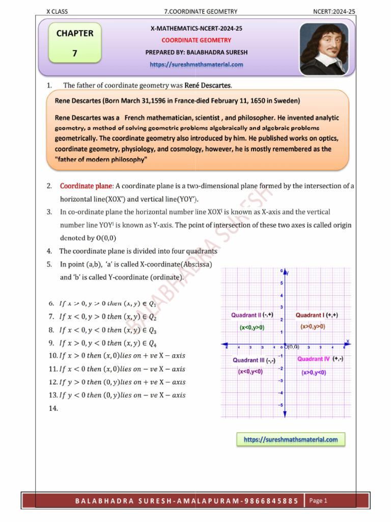 X NCERT2024 25 Mathematics 7. Coordinate Geometry Notes Wbimg | PDF