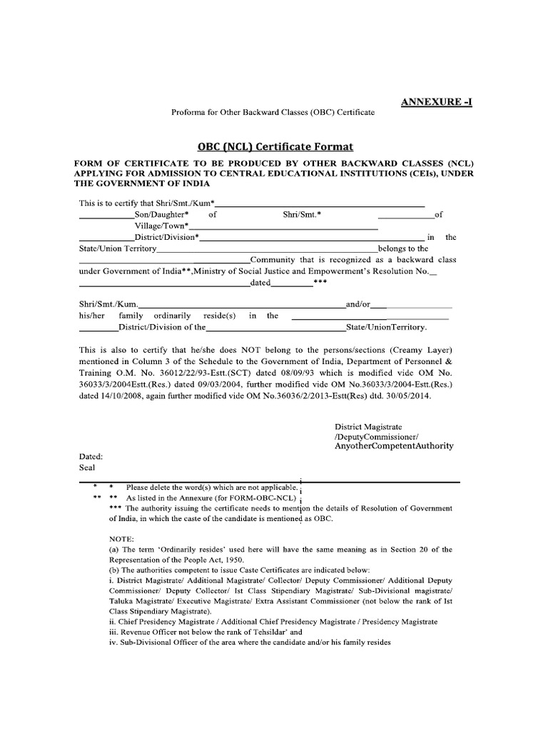 Proforma OBC Certificate | PDF