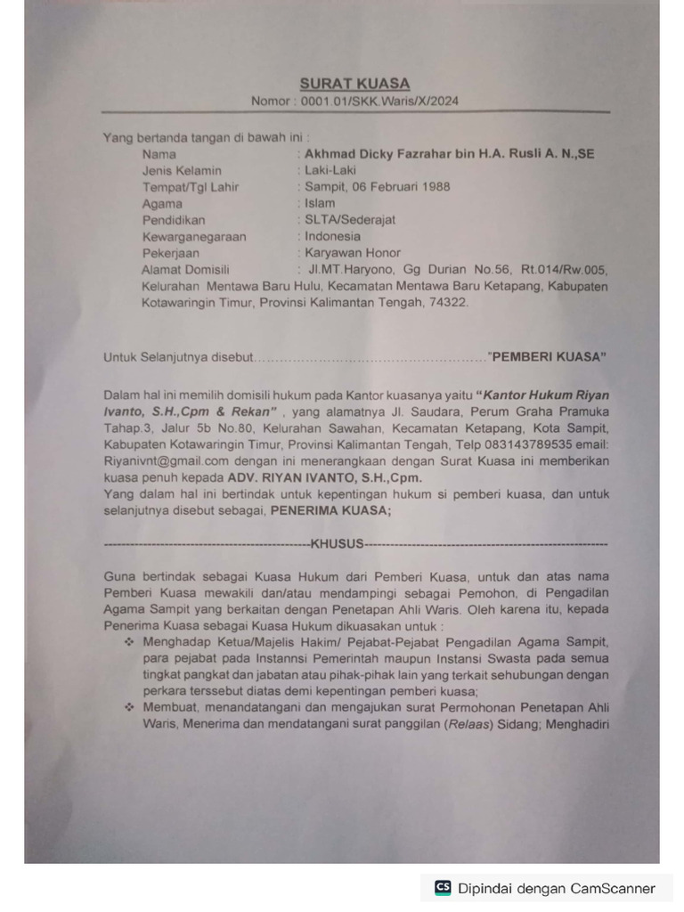 Surat Kuasa Advokat Penetapan Ahli Waris | PDF