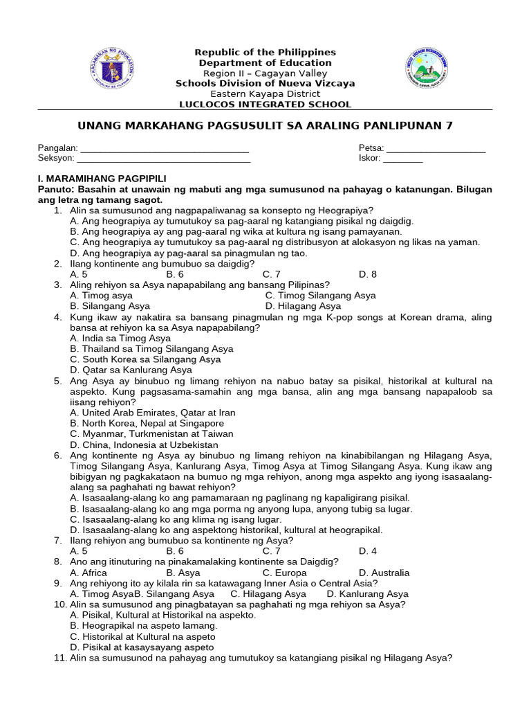 AP 7 First Quarter Exam | PDF