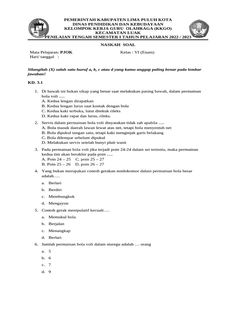 Soal PTS Pjok KLS Vi | PDF | Olahraga & Rekreasi
