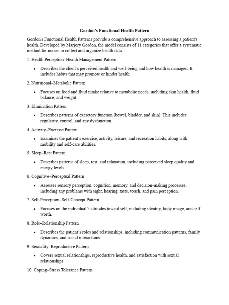 Gordon's 11 Health Patterns Overview | PDF | Perception | Stress (Biology)