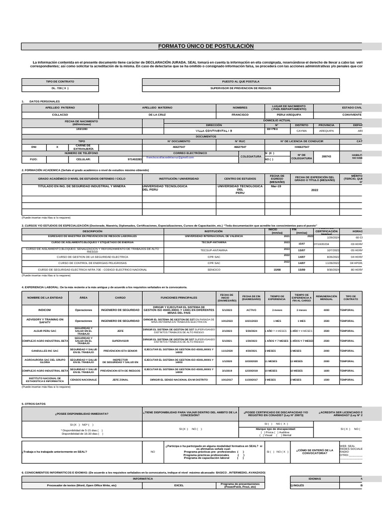 Formato Único de Postulación SEAL | PDF | Documento de identidad