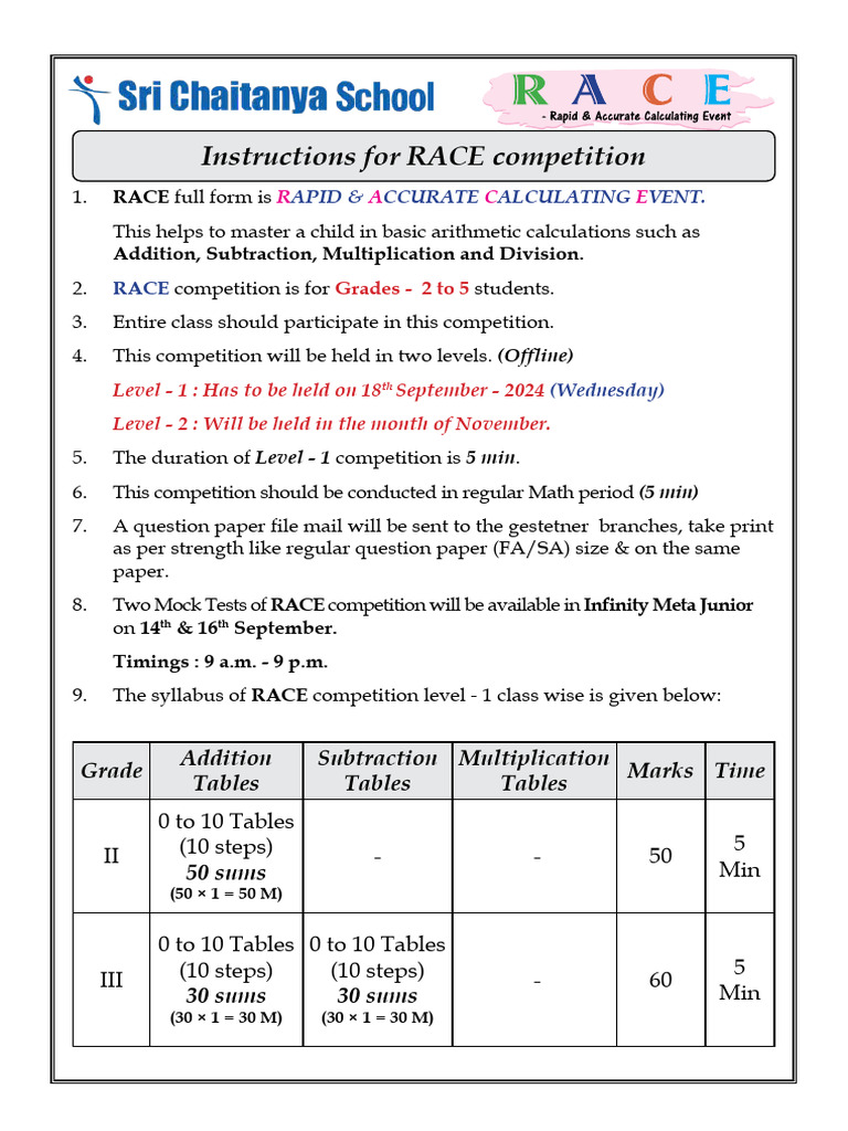 Instructions For RACE Competition: Race Addition, Subtraction ...