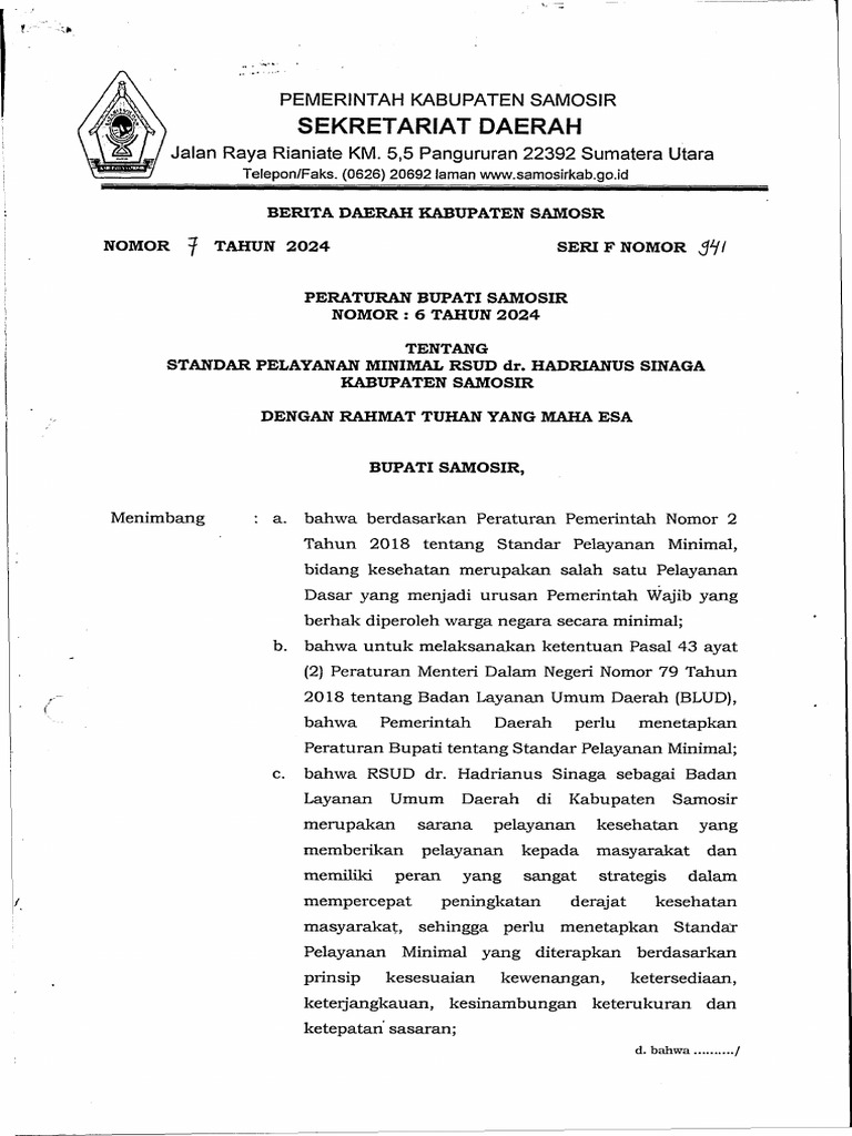 Peraturan Bupati Samosir Nomor 6 Tahun 2024 | PDF