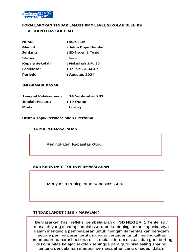 Rencana 2 Form Laporan Tindak Lanjut Pmo Sekolah Penggerak | PDF