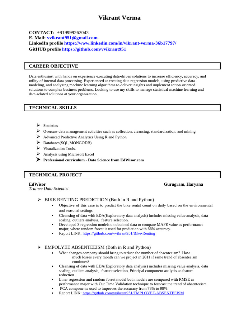 Vikrant+CV | PDF | Data Science | Machine Learning