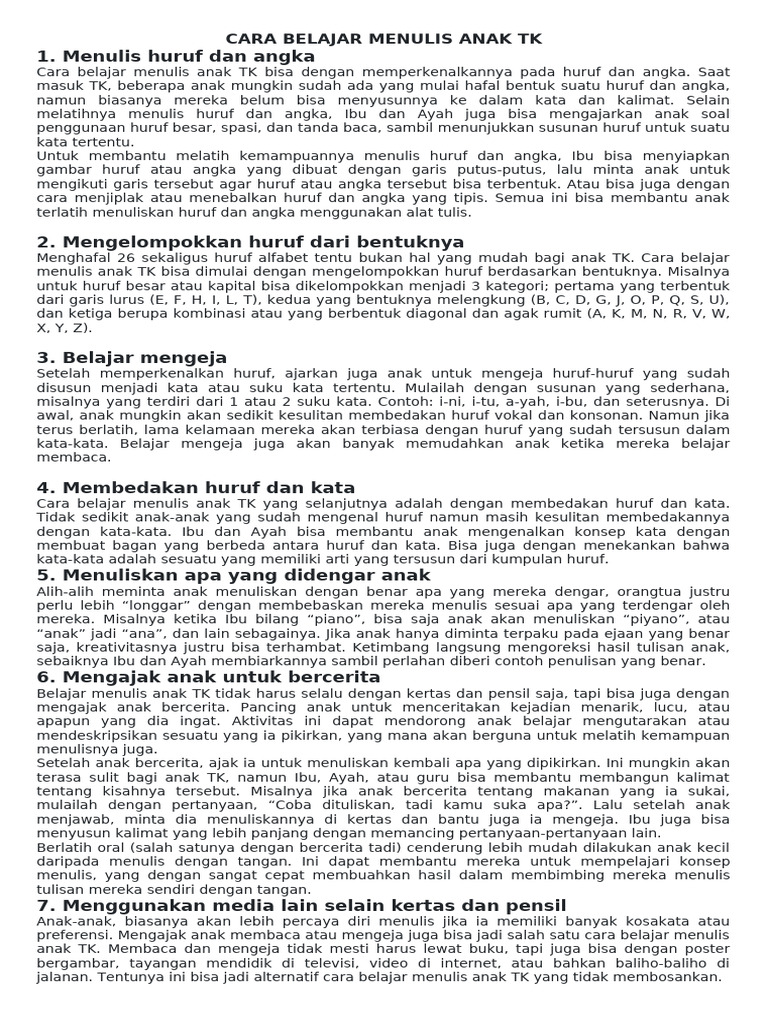 Cara Belajar Menulis Anak TK | PDF