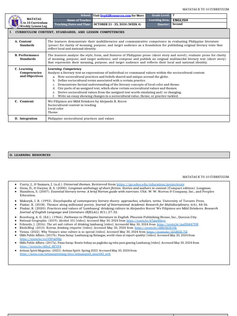 Grade 7 English Week 4 Lesson Plan Pdf Curriculum Narrative