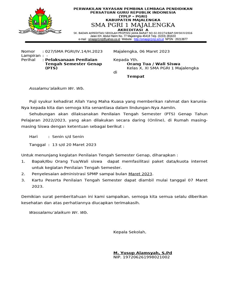Surat Pemberitahuan Pts 2022 | PDF