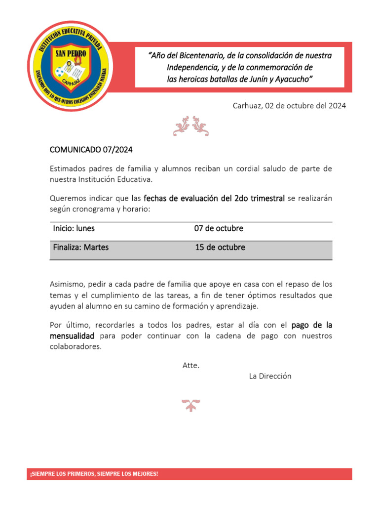 COMUNICADO 02 CRONOGRAMA DE EVALUCIONES TRIMESTRALES-1 | PDF