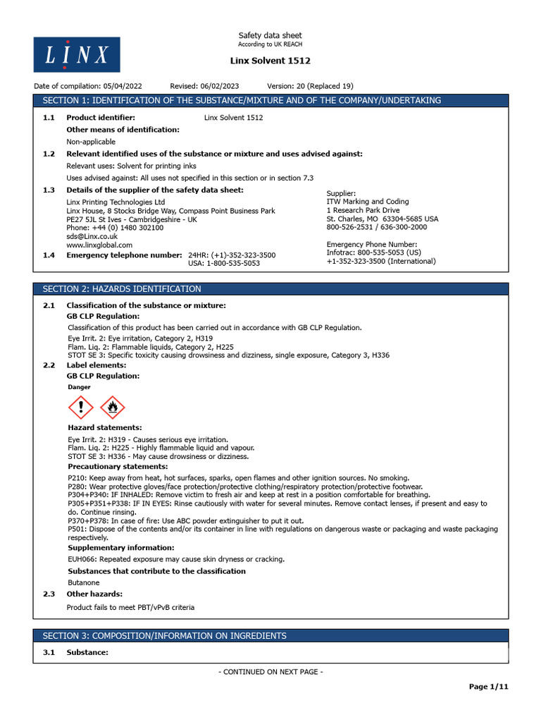 019.linx Solvent 1512 | PDF | Dangerous Goods | Personal Protective ...
