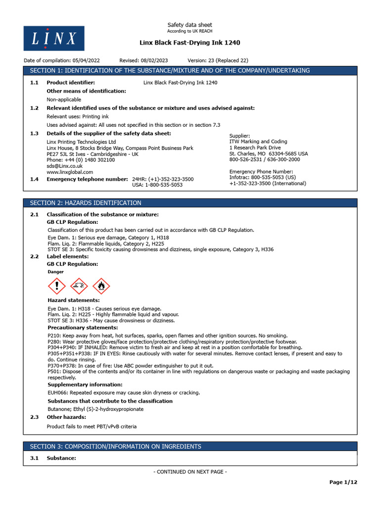 Linx Black Fast-Drying Ink 1240 MSDS | PDF | Dangerous Goods | Toxicity