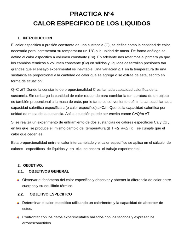 Calor Específico de Líquidos: Práctica 4 | PDF | Calor | Capacidad ...