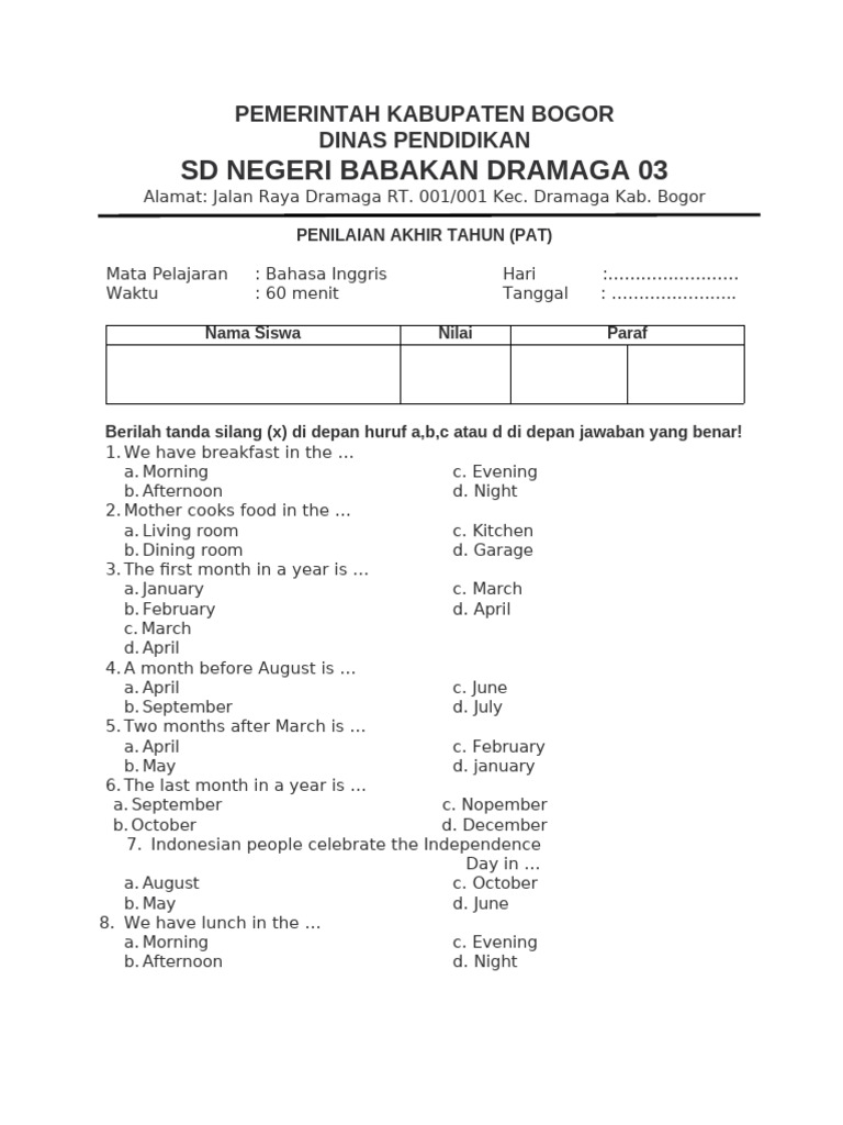 Soal PAT Bahasa Inggris Kelas 3 | PDF