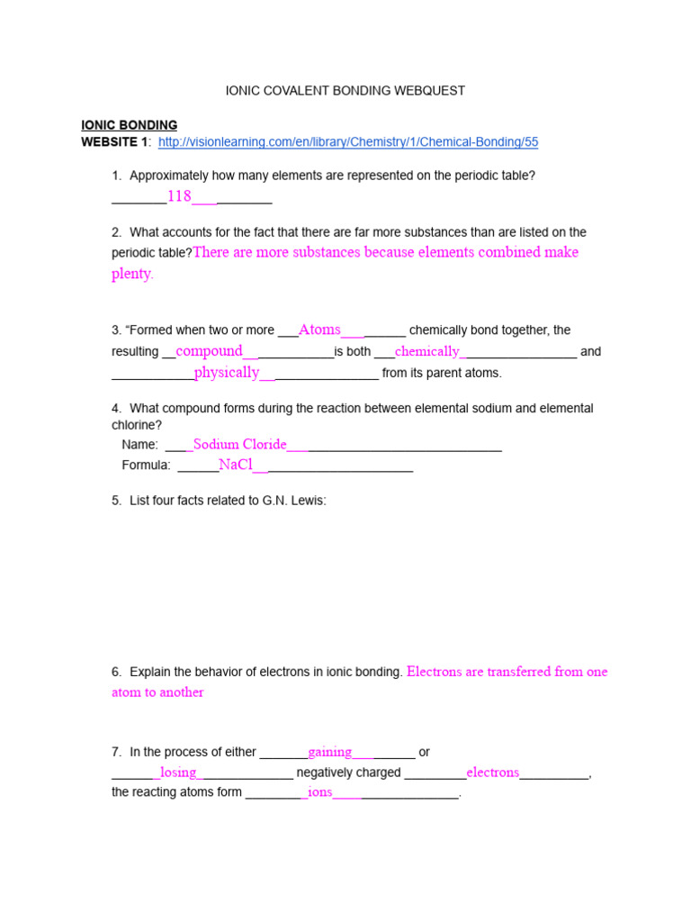 WebQuest - Ionic and Covalent Bonding | PDF | Chemical Bond | Ion