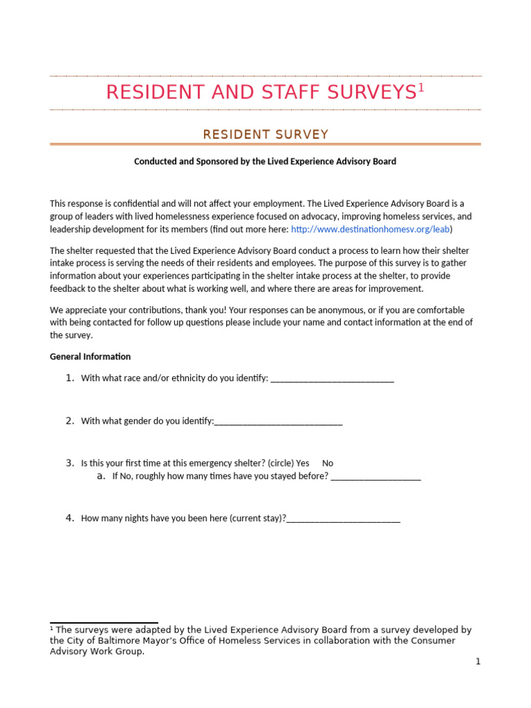 Resident Staff Surveys | PDF | Homelessness