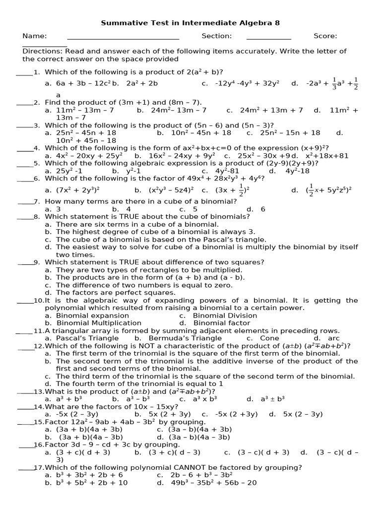Summative Test in Intermediate Algebra 8 | PDF | Abstract Algebra | Algebra