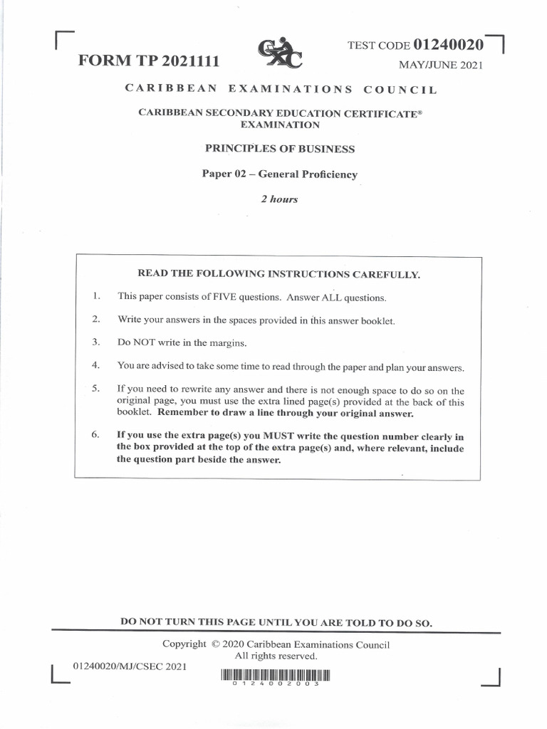 CSEC Principles of Business P2 2021 | PDF