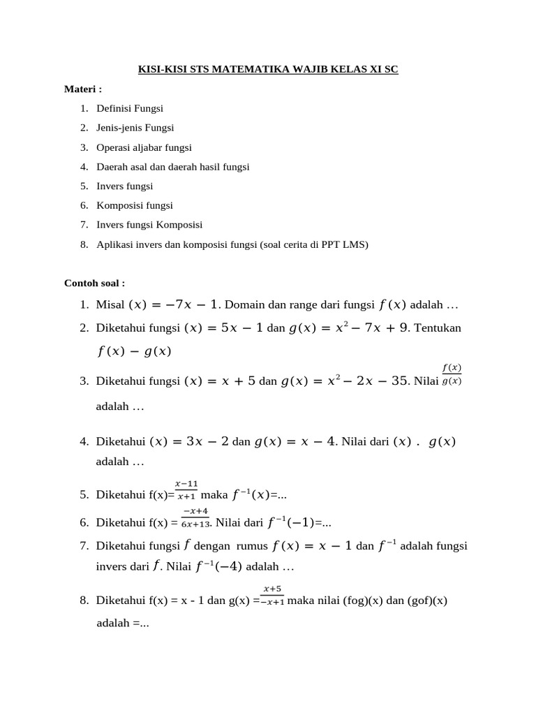 Kisi-Kisi STS Matematika Wajib Kelas Xi SC | PDF | Komputer