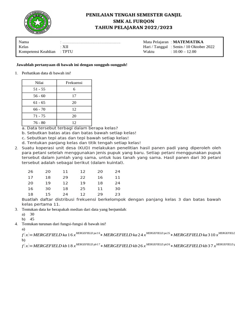 PTS Mat Ganjil Kelas Xii 2022 | PDF