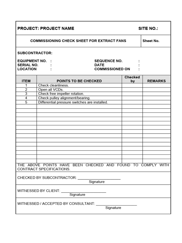 Commissioning Check Sheet For Extract Fans | PDF