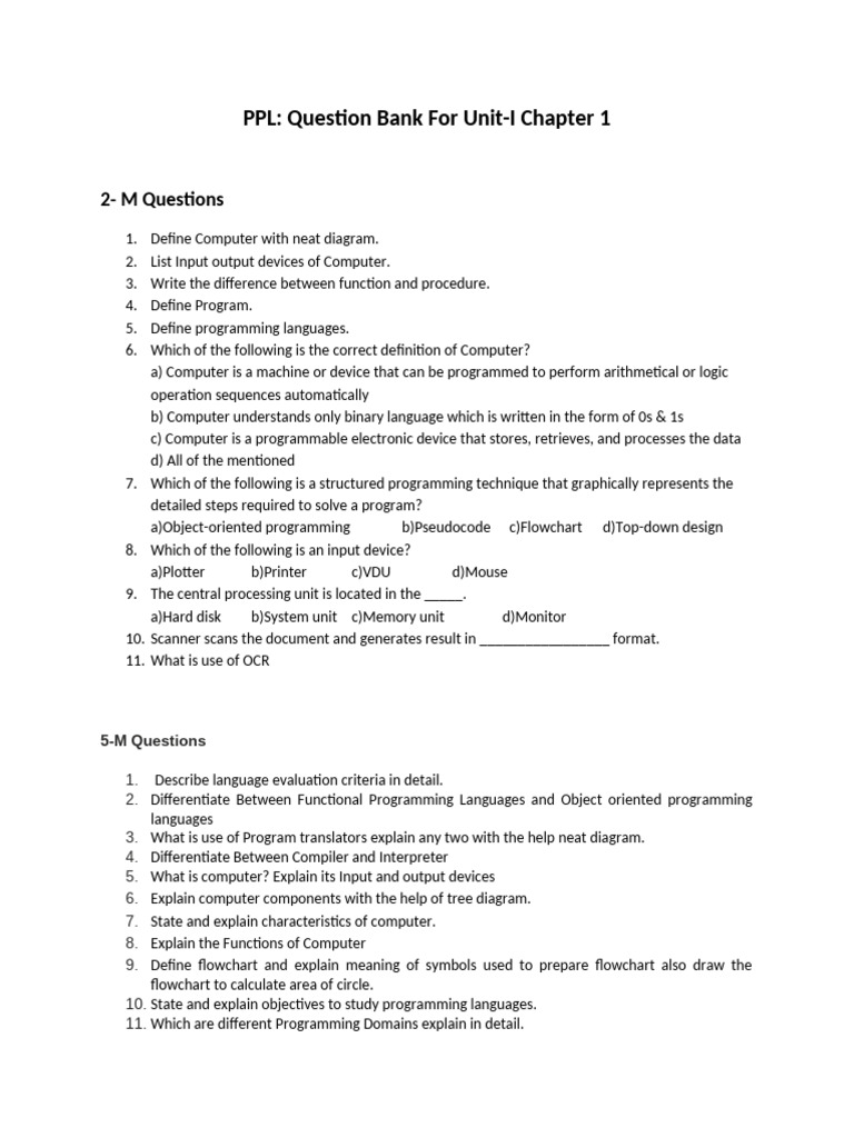 PPL Question Bank for Unit-I | PDF | Programming | Computer Program