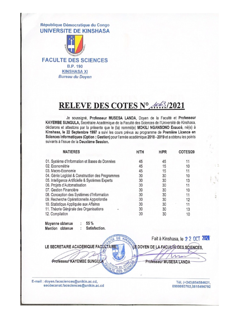 Relevé Des Notes L1 | PDF
