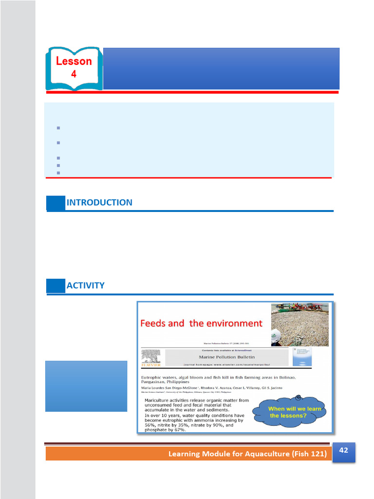 Module 2 (Lesson 4 - Feeding, Water Quality, and The Environment) | PDF | Aquaculture | Nutrients