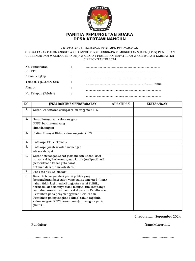 04 Check-List Dokumen Pendaftaran Calon Anggota KPPS | PDF | Hukum