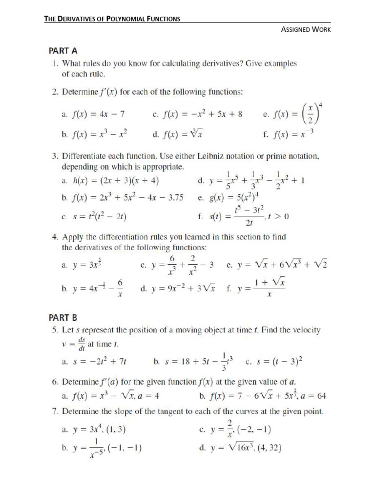 04 - The Derivatives of Polynomial Functions - Assigned Work | PDF