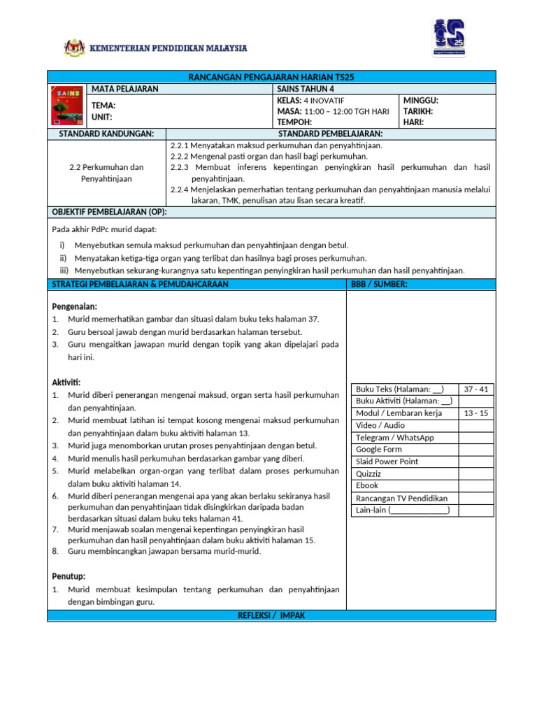Rancangan Pengajaran Sains Tahun 4 | PDF | Sains & Matematika