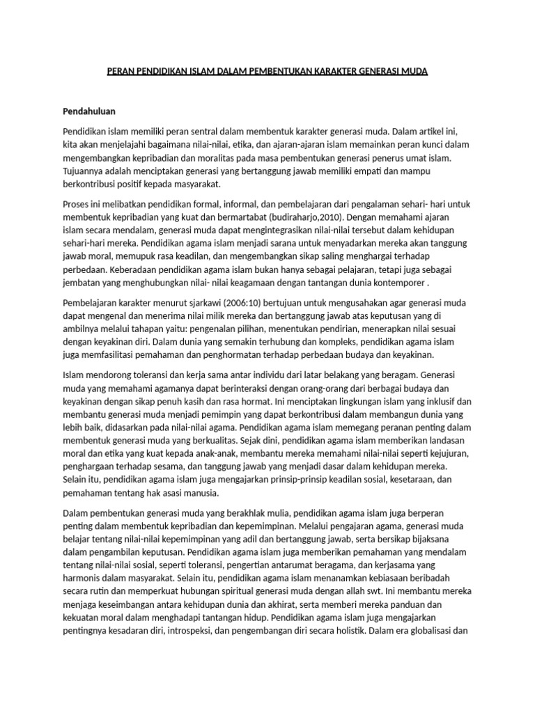 Peran Pendidikan Islam Dalam Pembentukan Karakter Generasi Muda. | PDF