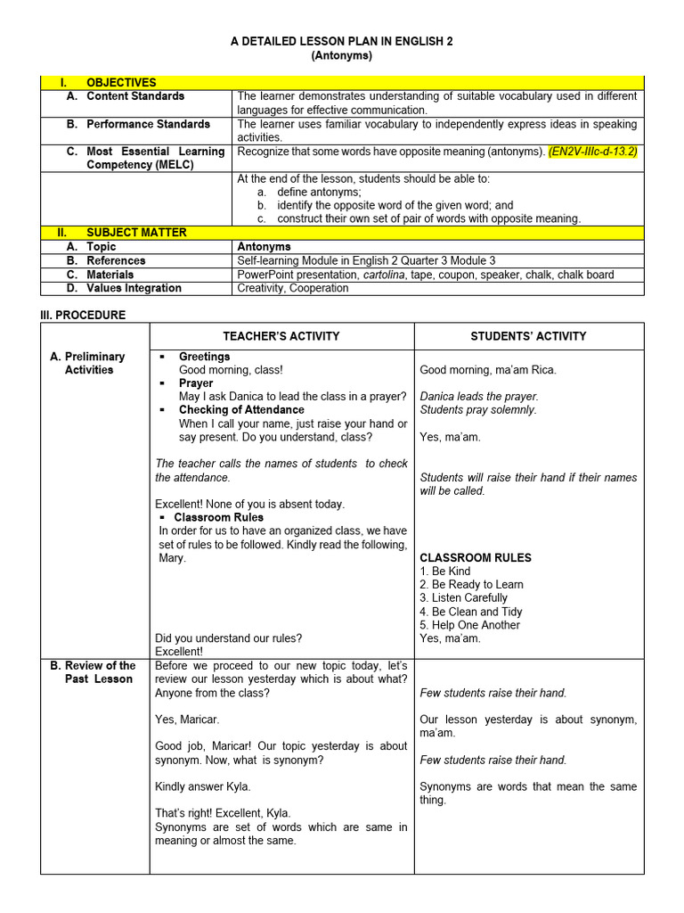 A DETAILED LESSON PLAN IN ENGLISH 2 | PDF | Lesson Plan | English Language