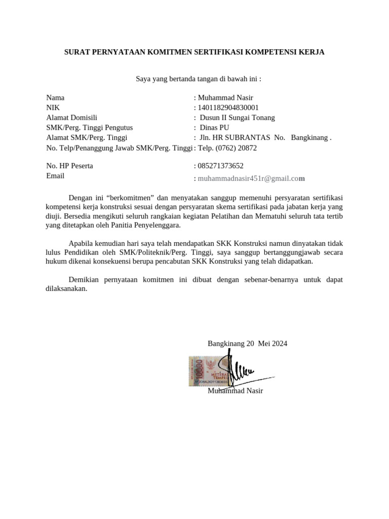 Surat Pernyataan Komitmen Sertifikasi Kompetensi Kerja | PDF