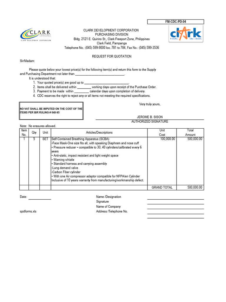 Request For Quotation | PDF | Equipment | Underwater Diving