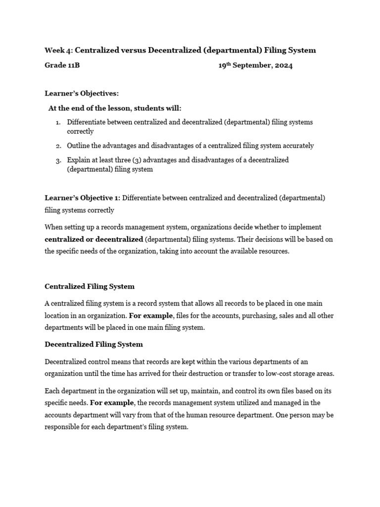 Week 4 - Centralized and Decentralized Filing System (Handout) | PDF ...