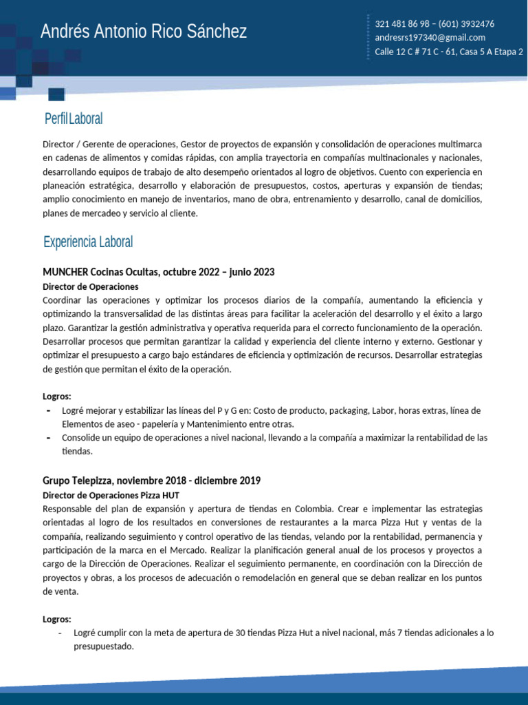 CV Andres Rico 2024 | PDF | Presupuesto | Planificación