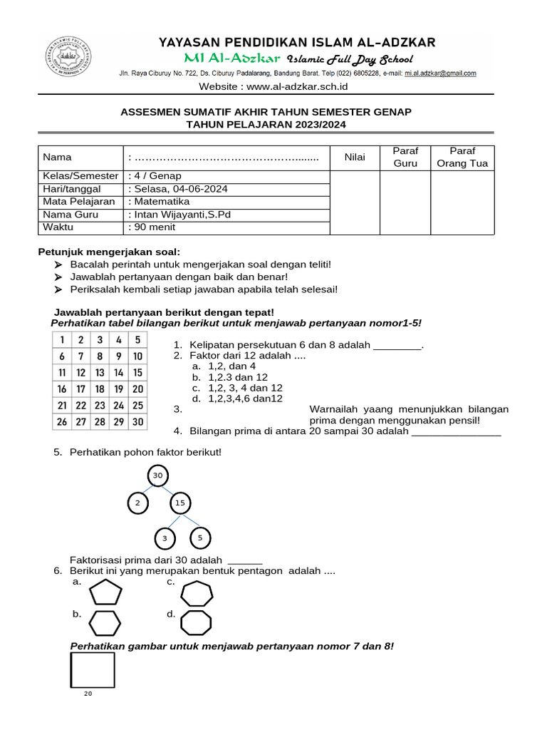 Soal Pat Smt 2 Mat Kelas 4 Ta 2223 | PDF