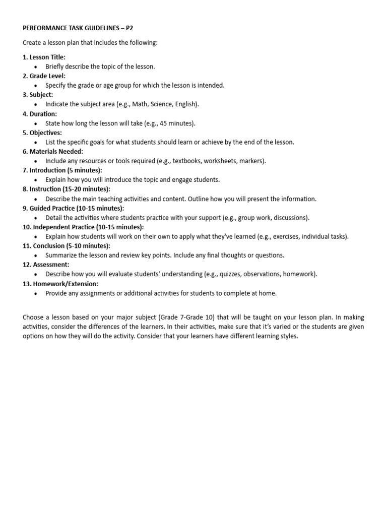 Performance Task Guidelines p2 Edu 050 | PDF | Lesson Plan | Education Theory